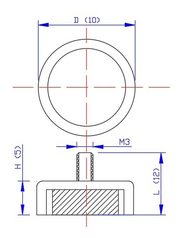 Pot Magnet M3 Threaded Male Stud Ø10 x 12mm
